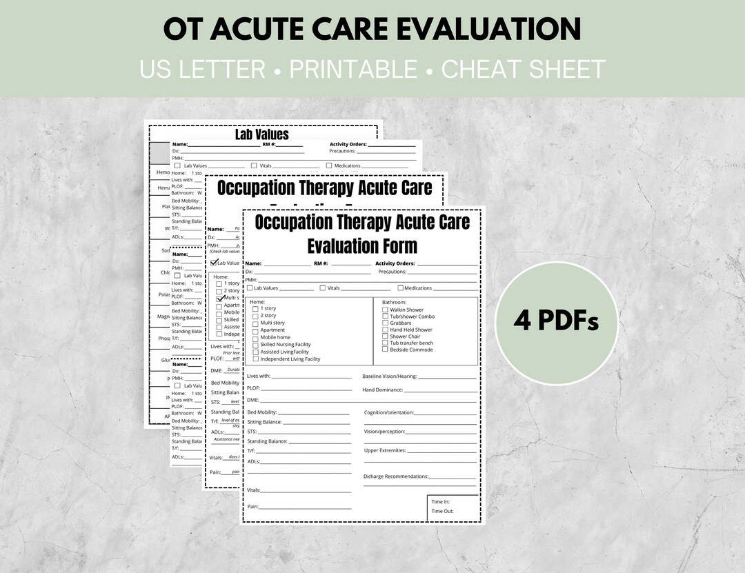 OT Acute Care Evaluation Cheat Sheet: Occupational Therapy Gift (PDF ...
