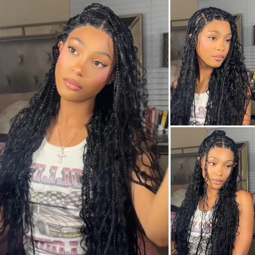 Boho Square Knotless Box Braid Wigs Full Lace Braided Wig Boho Curly ...
