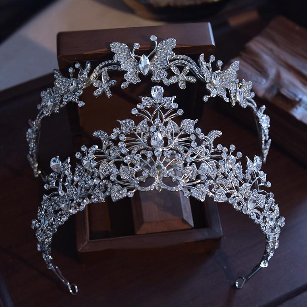 Double-layer Crystal Bridal Tiara With Butterfly Ear Clips - Etsy