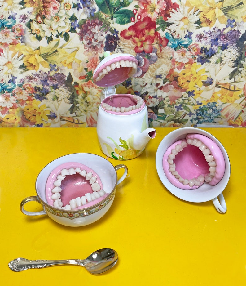 Cuppa Teeth teacup mouth art recycled multimedia weird stuff | Etsy