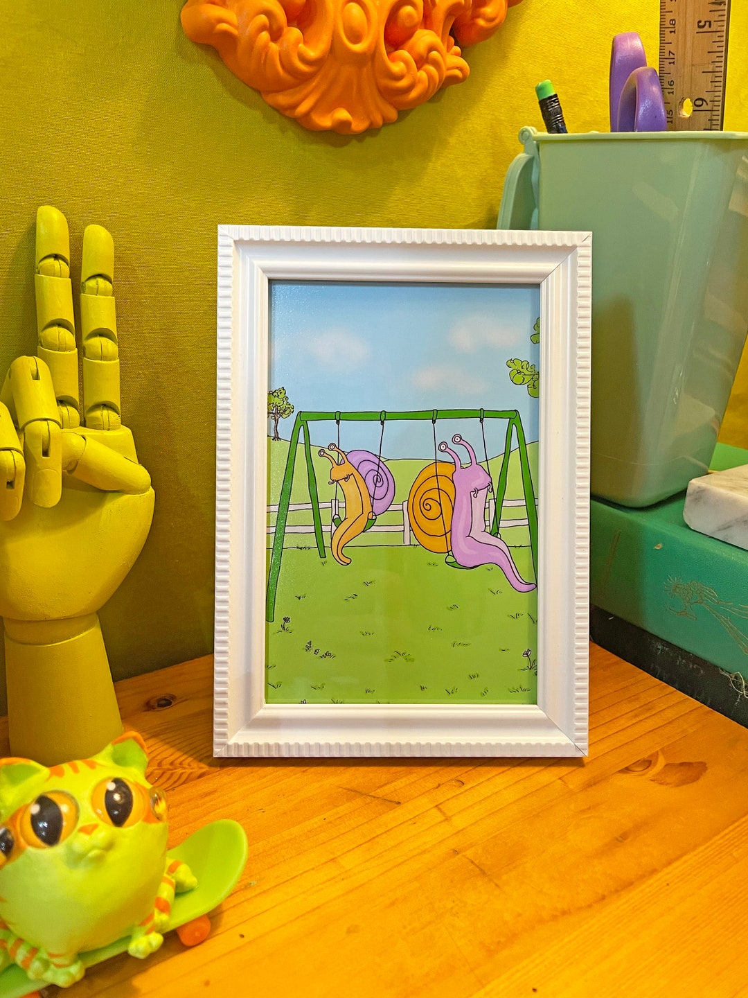 Snails on Swings Illustration, 4x6" Framed Wall Art, Funny Swinging Snail Wall Decor, Fun Life ...