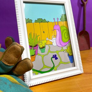 Gardening Snail Illustration, 4x6" Framed Wall Art, Funny Garden Slug ...