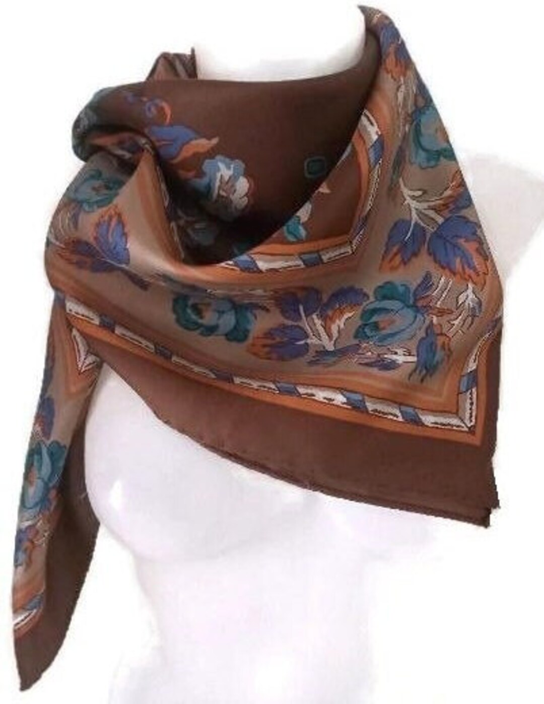Vintage 1970 S Silk Scarf ,34 Square Silk Floral Brown & Blue Pure Silk ...