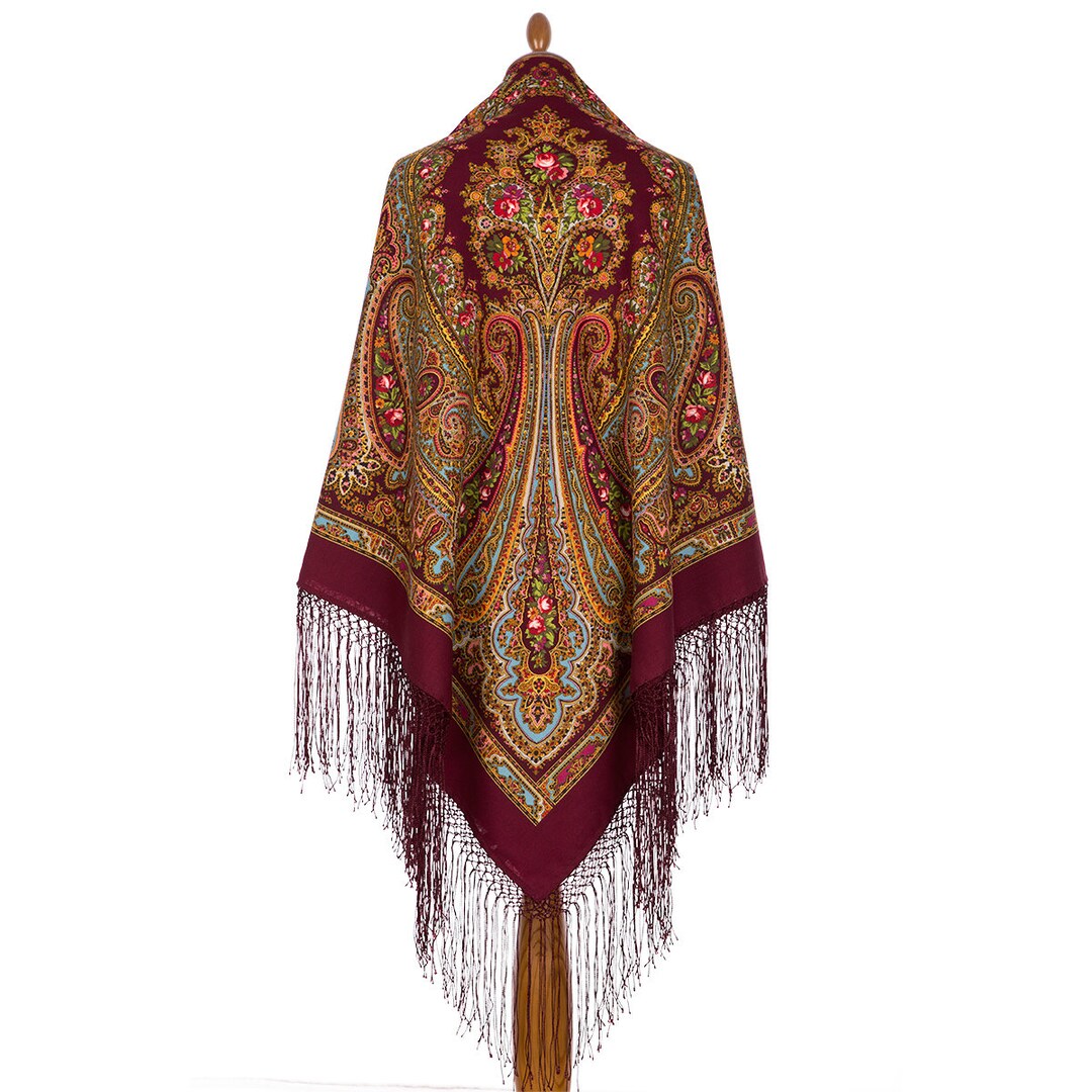 Vintage Wool Shawl 58" With Silk Fringe . Boho Style Winter Ethnic ...
