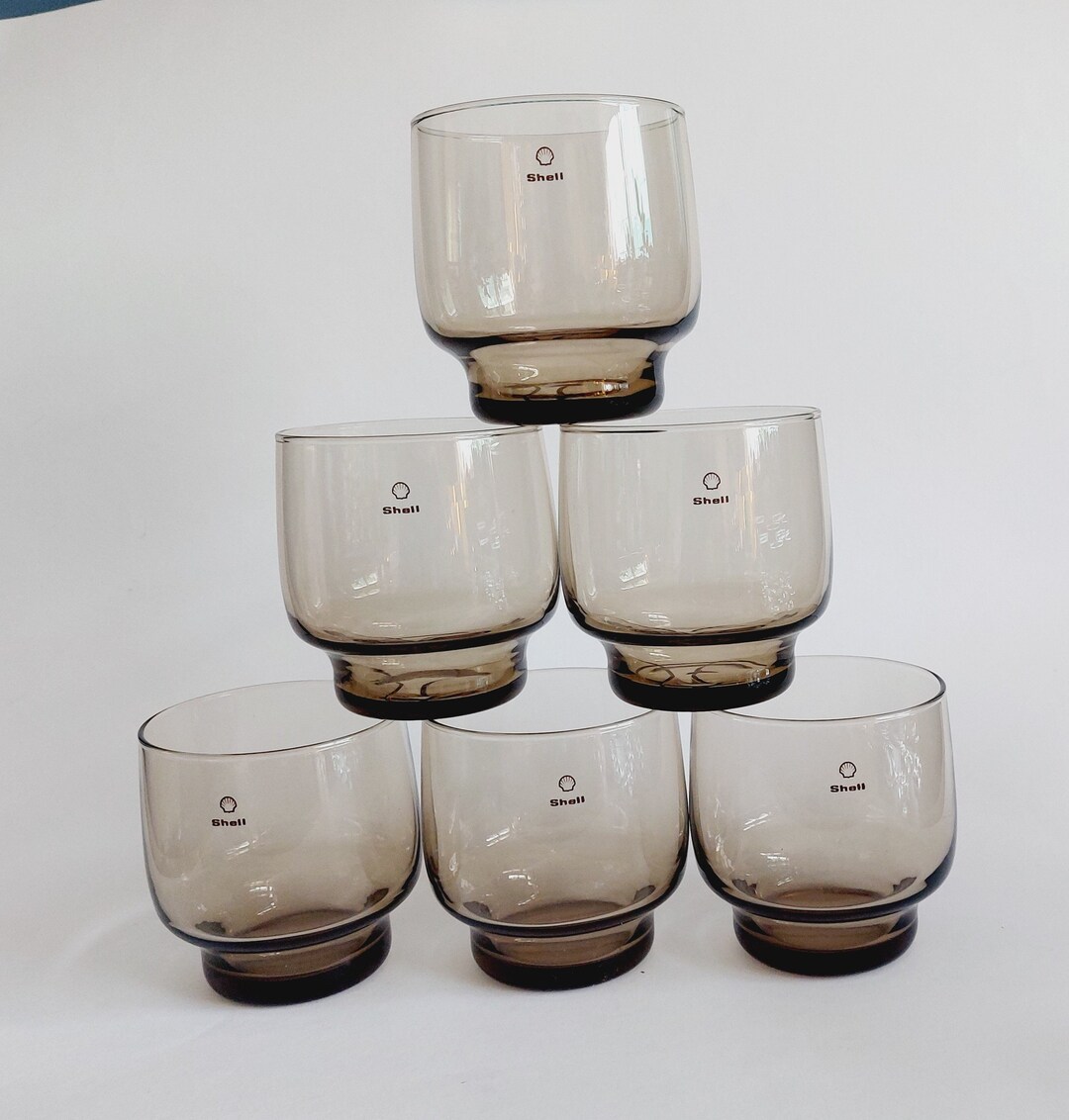 6 Vintage Water Glasses - 70s Smoked Glass - Shell Gas Station Glasses ...