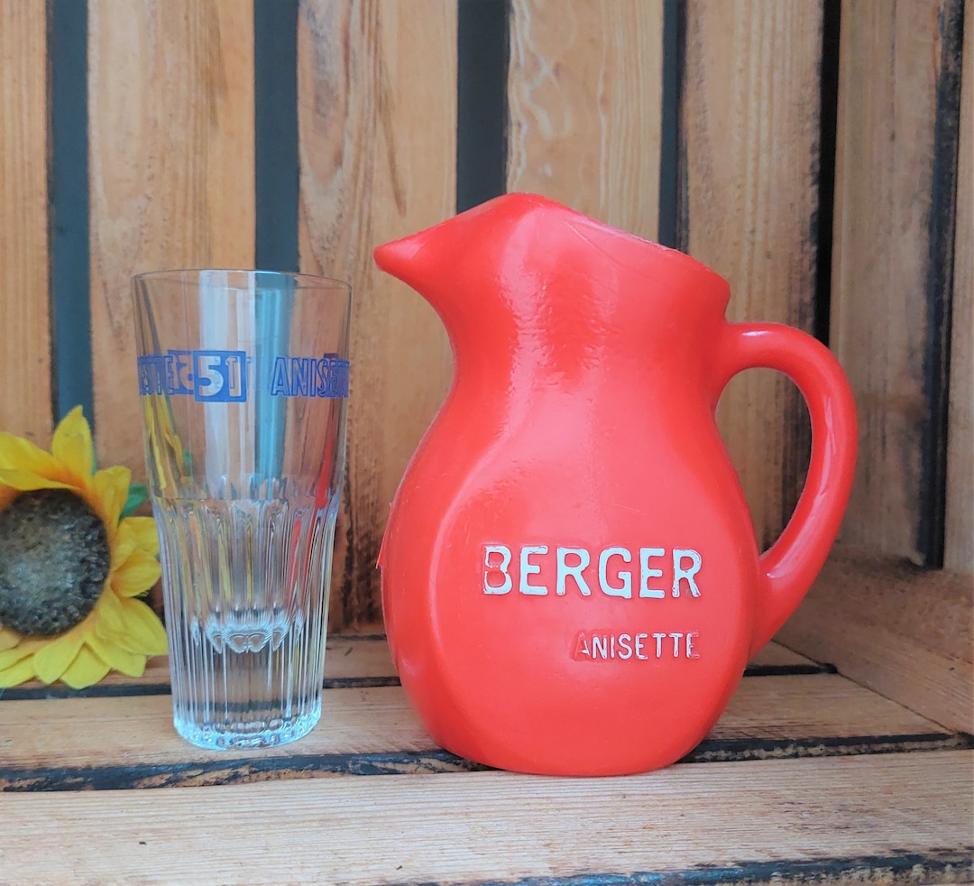 Red Plastic Berger Anisette Jug and One Anisette 51 Glass Pastis Set ...