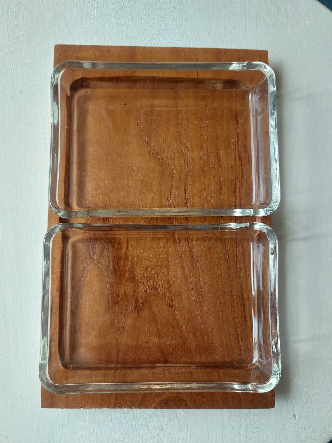Cabaret 1960s Wooden Tray With 2 Glass Inserts Snack Bowls - Etsy
