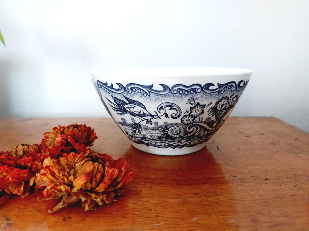 French Bol Rivanel - White Breakfast Bowl With Blue Design - Flowers ...