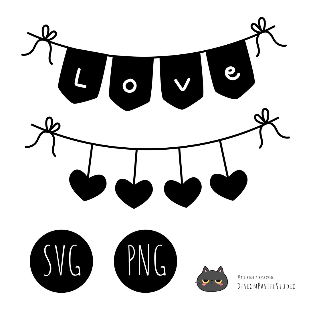 Love Pennant Heart Flags Line Art SVG: Valentine's Day Cut File ...