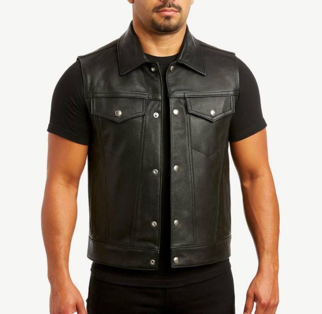 Mens Black Leather Biker Vest: Snap Front Club Style - Etsy