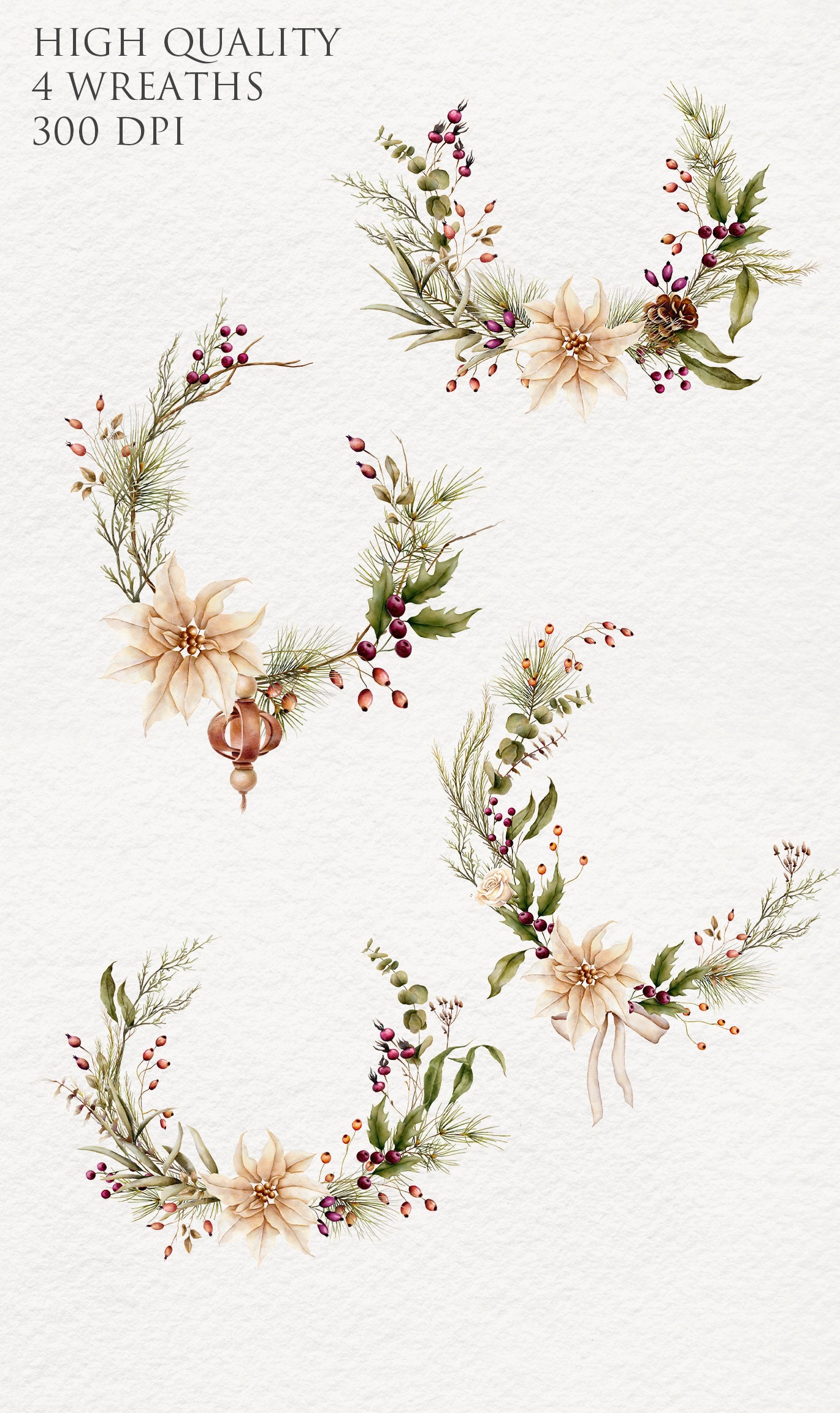 Bohemian Christmas Wreaths. 4 Hand Painted Watercolor Illustrations ...