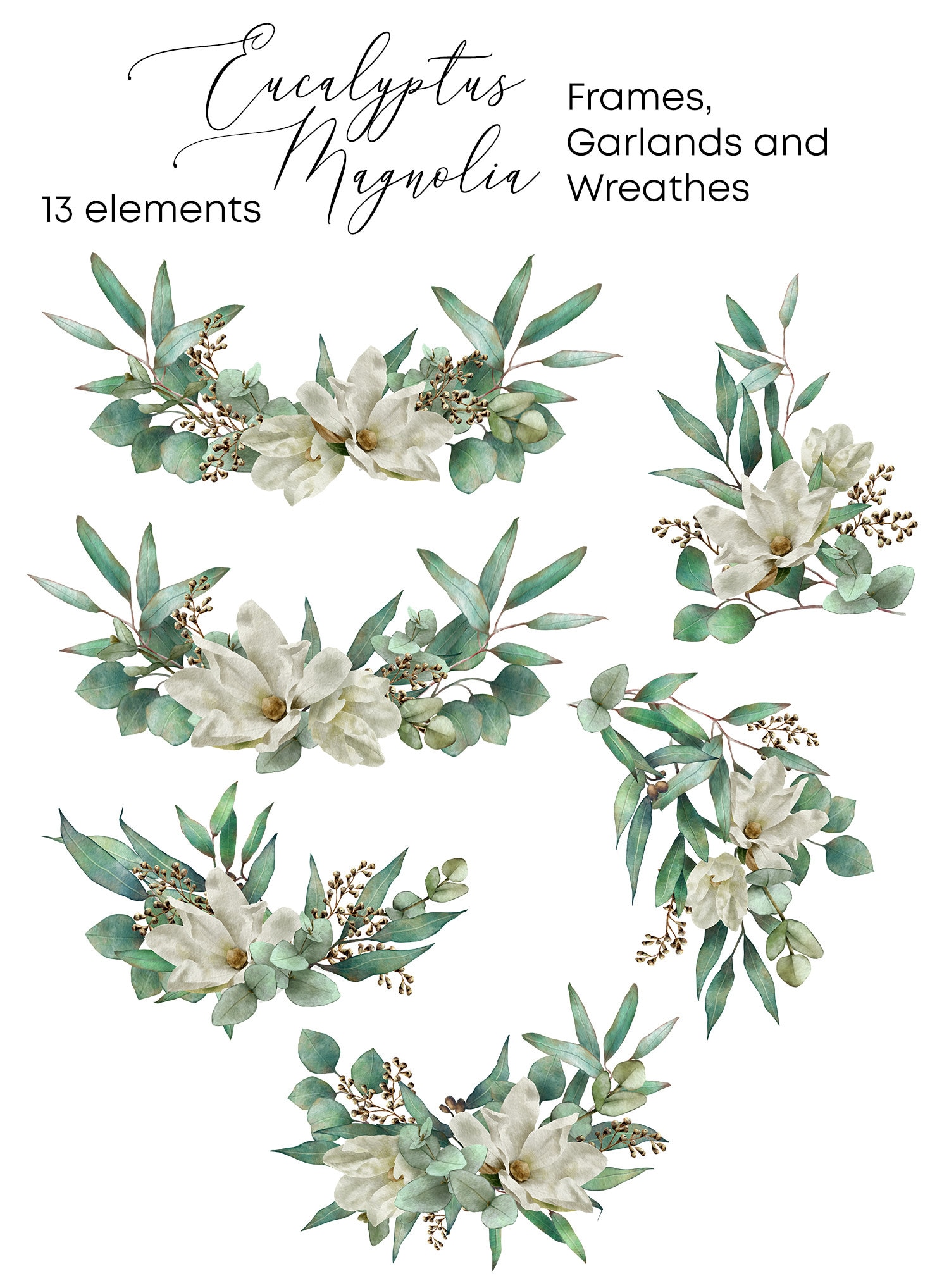 Green Leaves Watercolor Clipart Set. Eucalyptus and Magnolia - Etsy