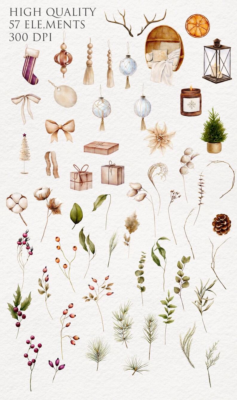 Boho Christmas Watercolor Clipart Collection. 103 Hand Drawn - Etsy