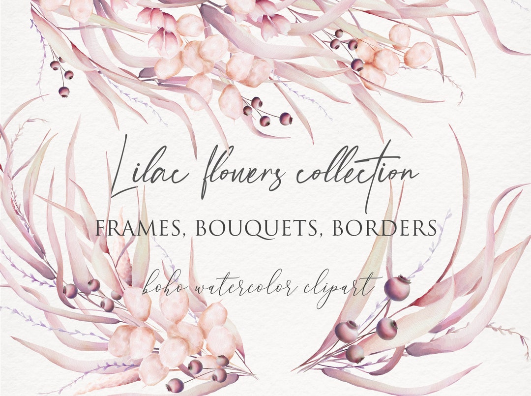 Lilac Dry Flowers Watercolor Clipart. Modern Frames, Wreath, Bouquets ...