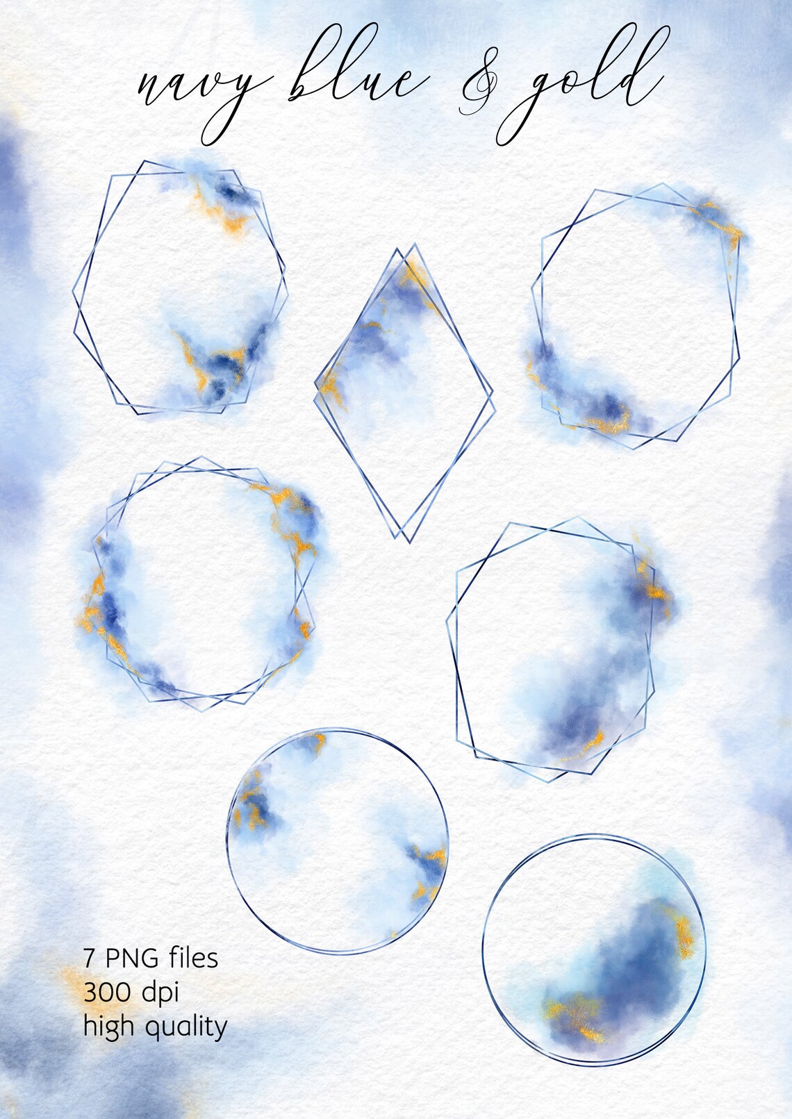 Navy Blue & Gold Geometric Frame Clipart. Watercolor Splashes - Etsy