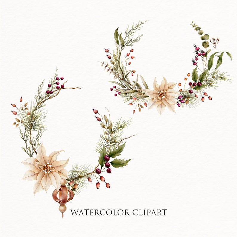 Bohemian Christmas Wreaths. 4 Hand Painted Watercolor Illustrations ...