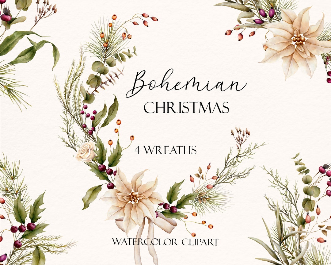 Bohemian Christmas Wreaths. 4 Hand Painted Watercolor Illustrations ...