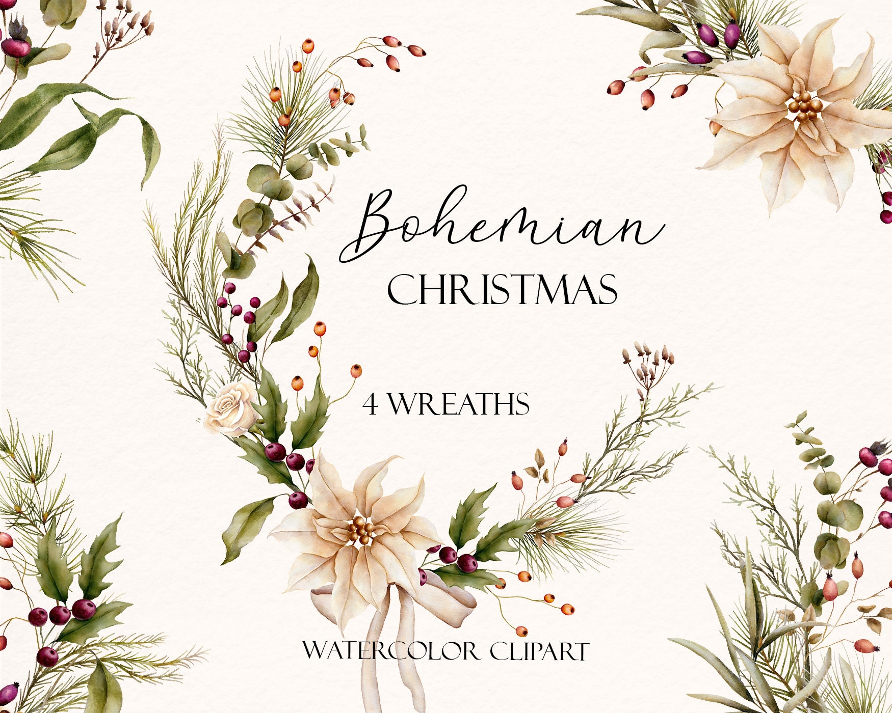 Bohemian Christmas Wreaths. 4 Hand Painted Watercolor Illustrations ...