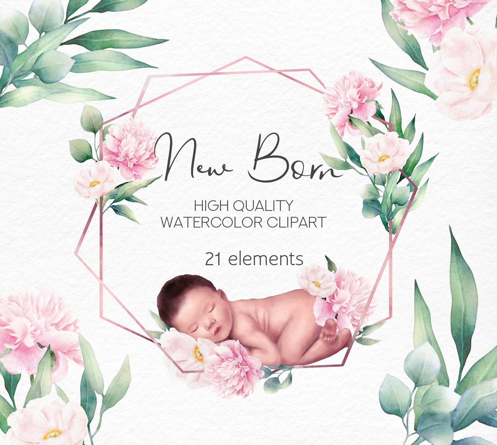 Tender New Born Watercolor Clipart. Baby Images, Floral Elements ...