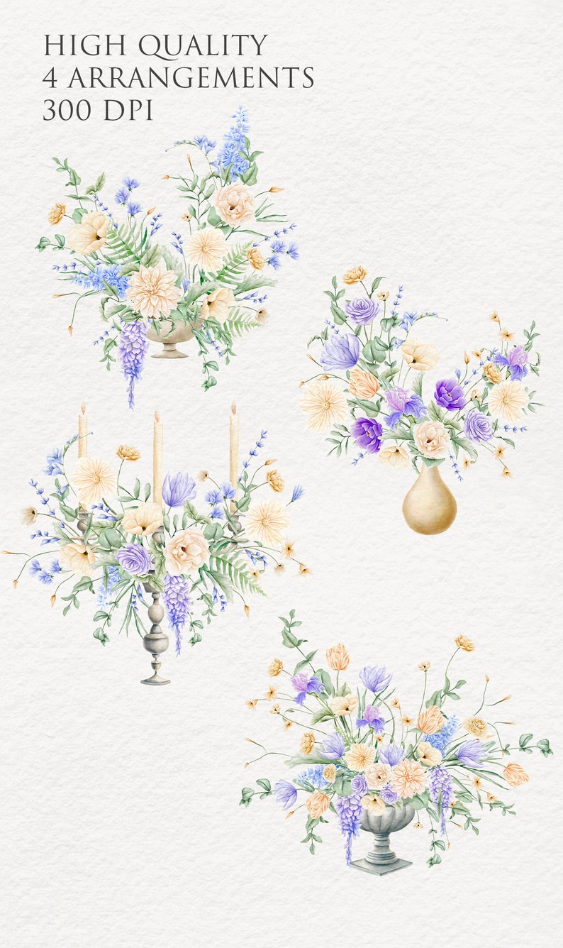 Floral Arrangements in Vase Watercolor Clipart. Violet & Beige Wedding ...