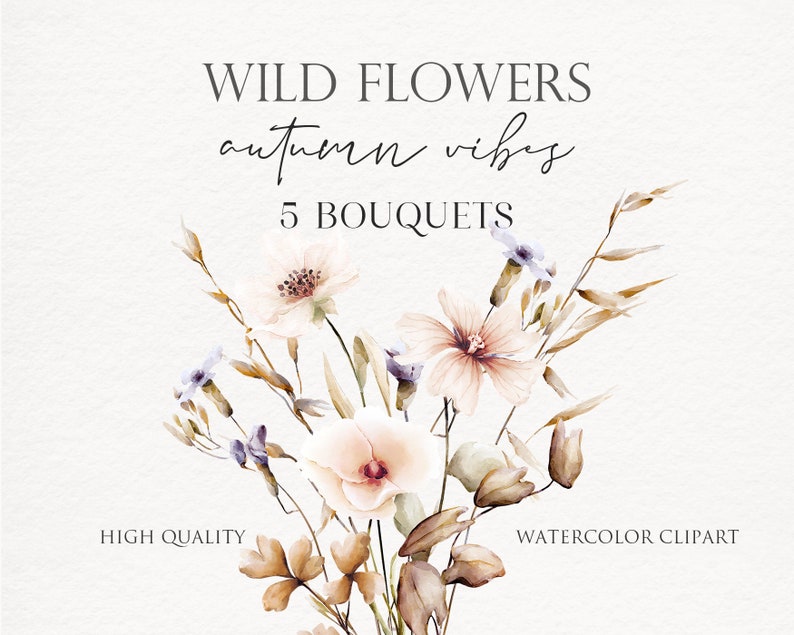 Wildflowers Autumn Watercolor Bouquets. Floral Botanical Clipart. Field ...