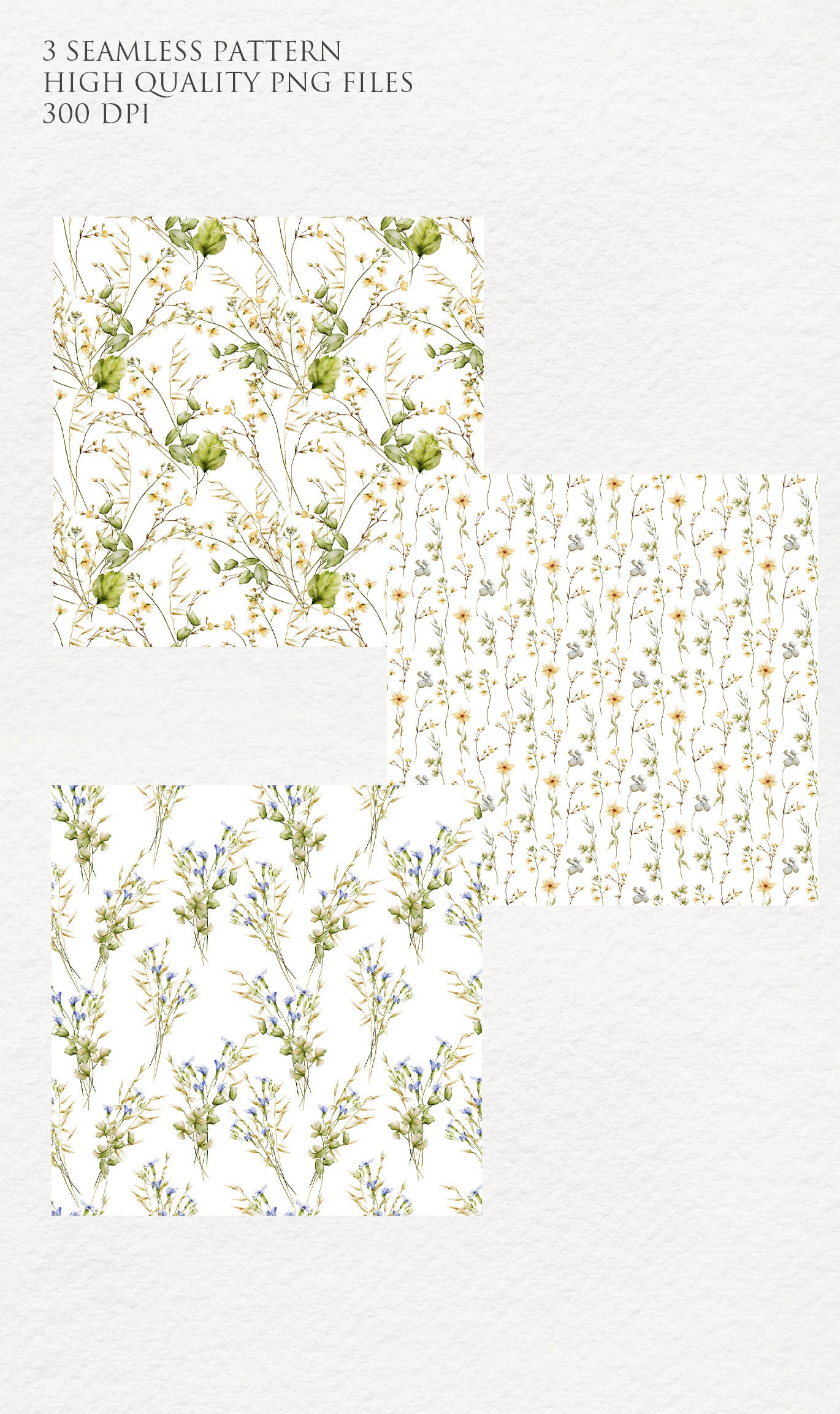 Wildflowers Watercolor Seamless Patterns. Meadow Floral Botanical ...
