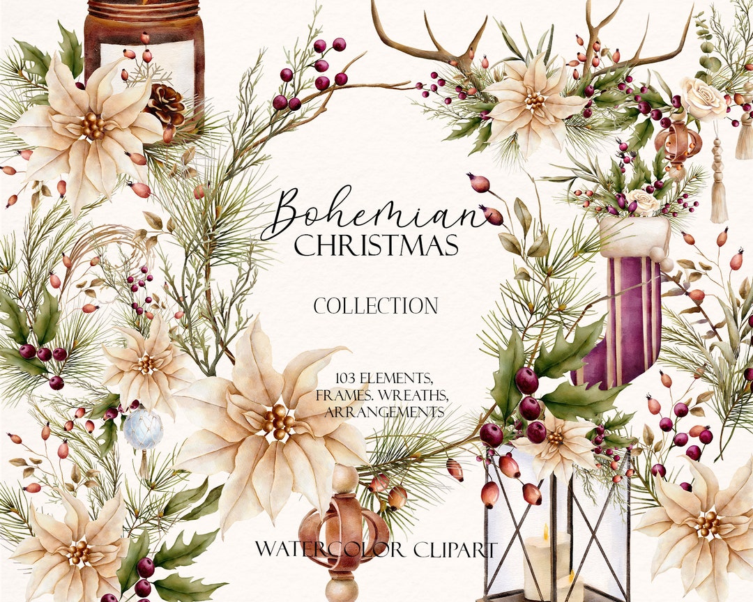 Boho Christmas Watercolor Clipart Collection. 103 Hand Drawn Elements ...