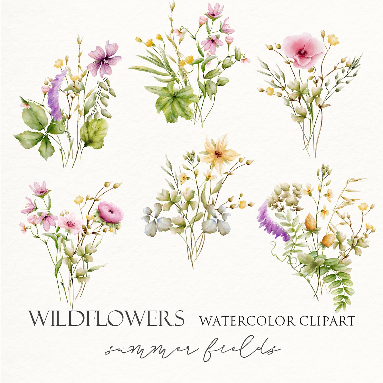 Meadow Watercolor Bouquets. Floral Botanical Clipart. Field Flowers and ...