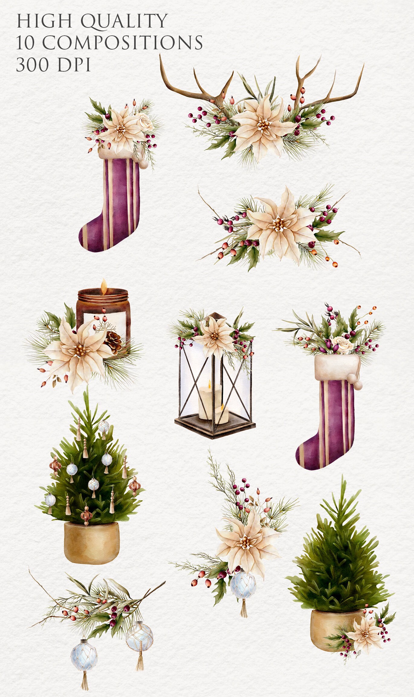 Boho Christmas Watercolor Clipart Collection. 103 Hand Drawn - Etsy