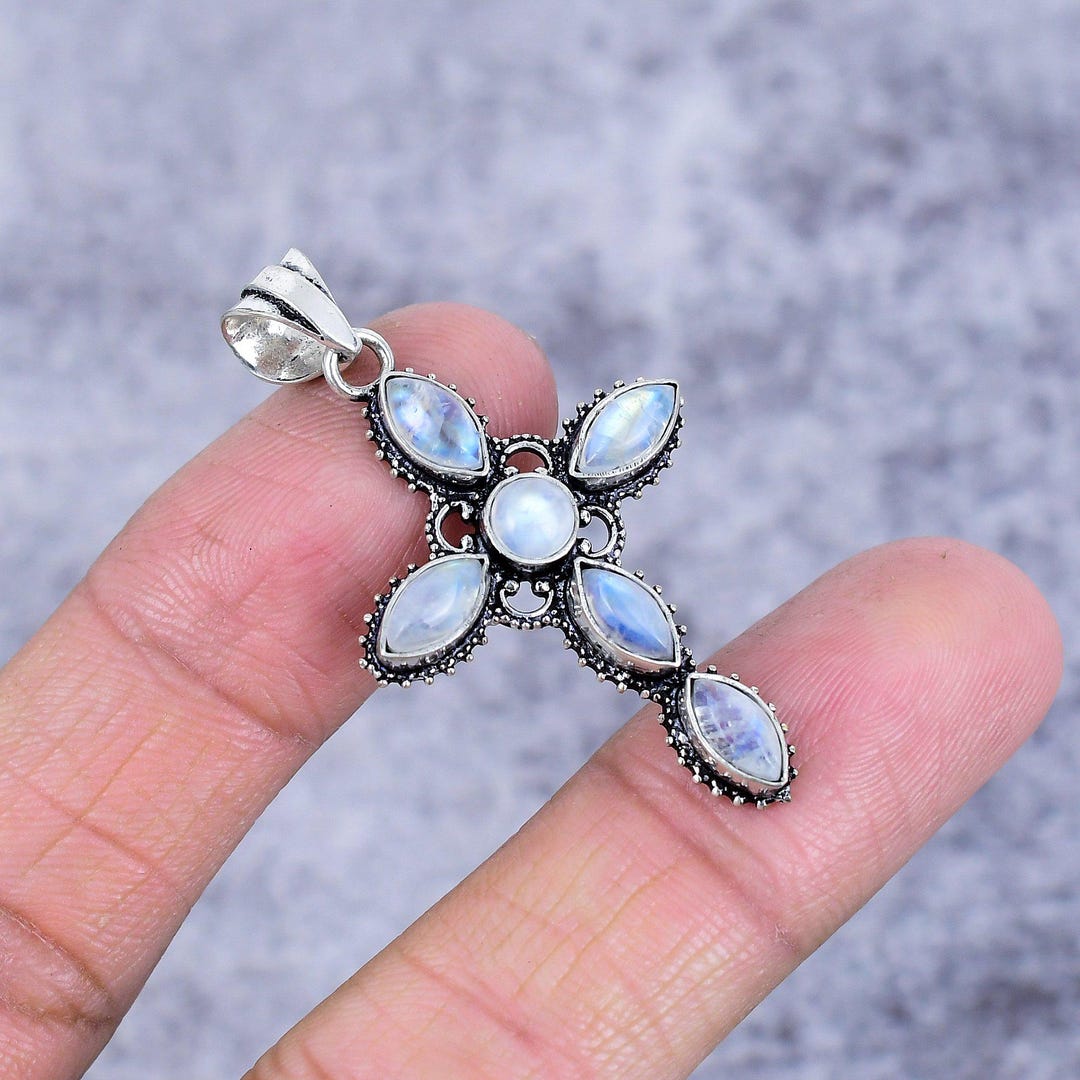 Rainbow Moonstone Cross Pendant: Vintage Sterling Silver Necklace - Etsy