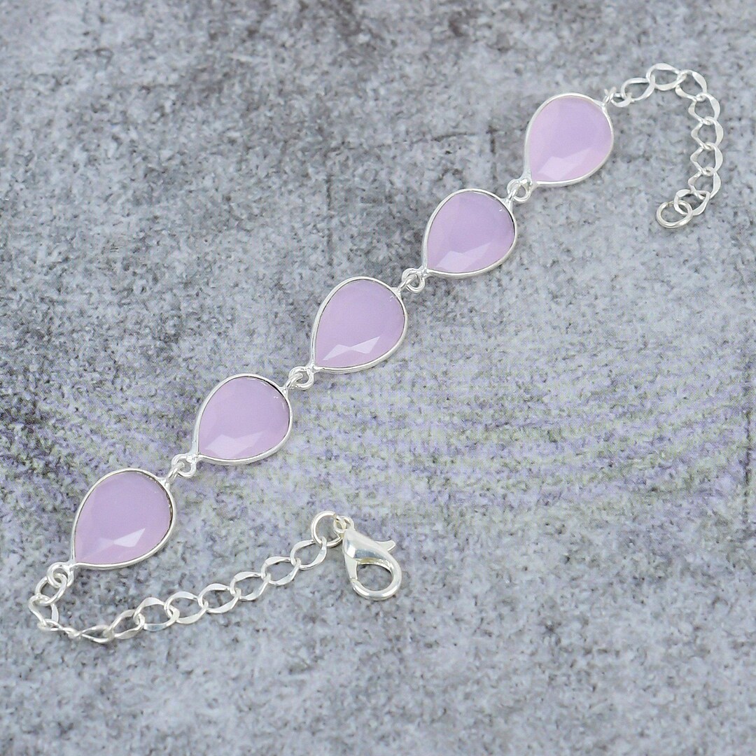 Pink Chalcedony Bracelet, Pink Silver Bracelet, Gift for Mom, 925 ...