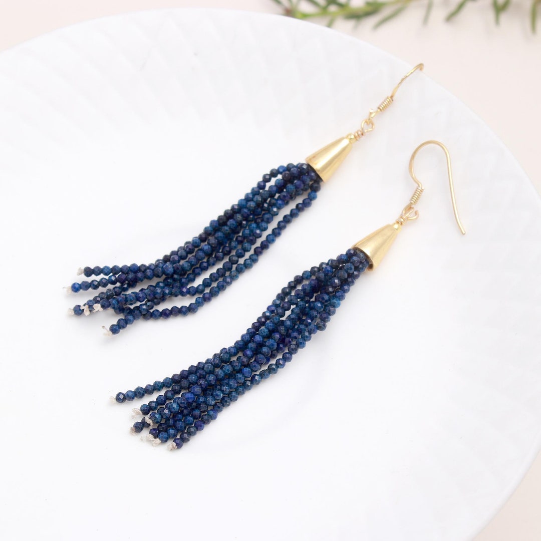 Sapphire Stone Tassel Earrings Gold Plated Dangle Etsy