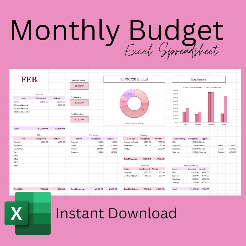 Simple Monthly Excel Budget Spreadsheet - Etsy