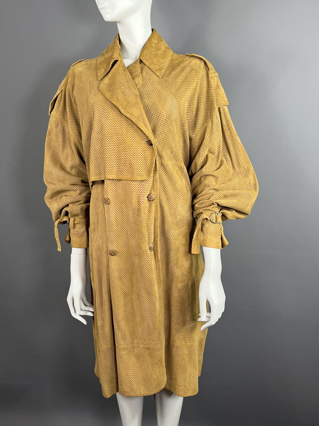 MICHEL KLEIN - 80s - Oversized Perforated Beige Suede Leather Trench ...