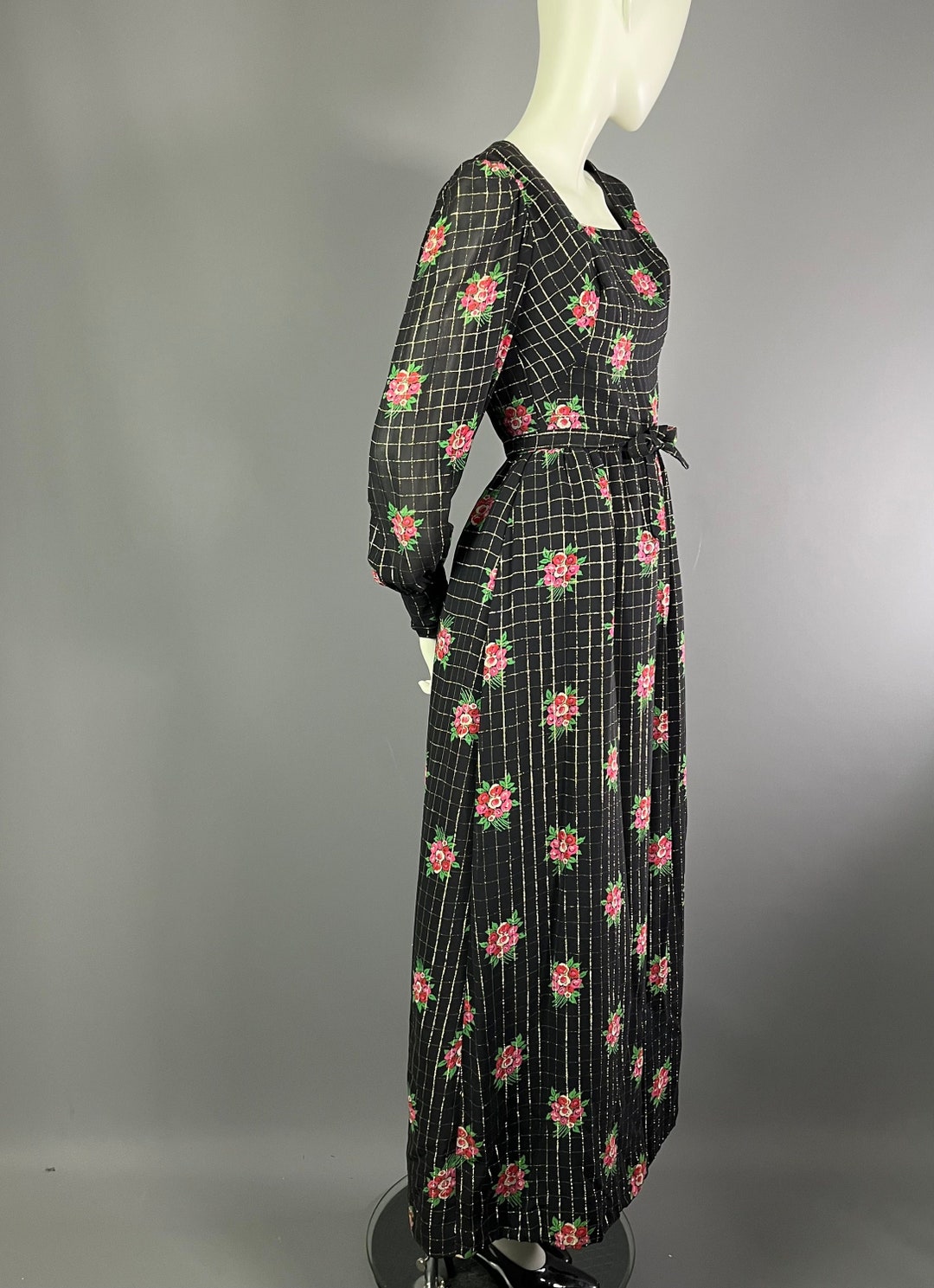 MAXI Dress Long Sleeve Shape and Belted Cut in Black Chiffon Weft Lurex ...