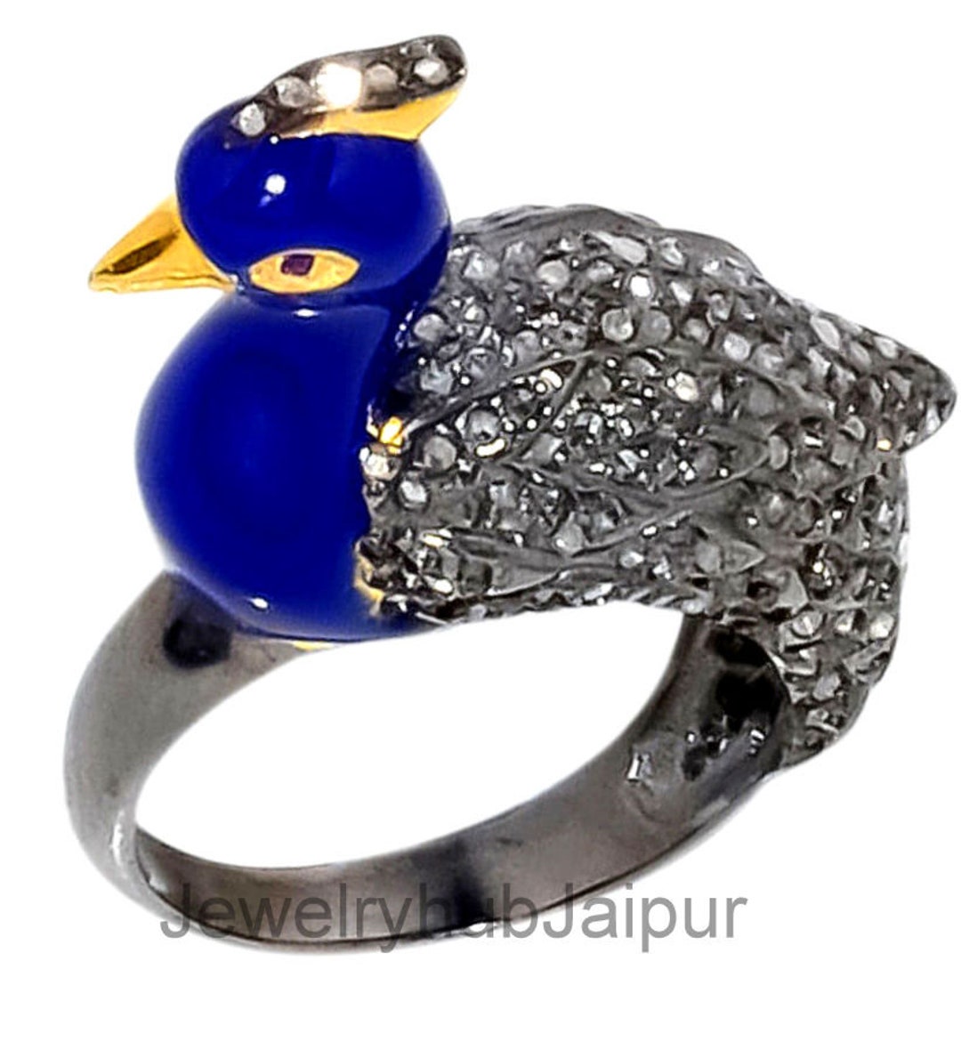 Enamel Bird Diamond Ring, Natural Rose Cut Diamond Ring, Peacock Design ...