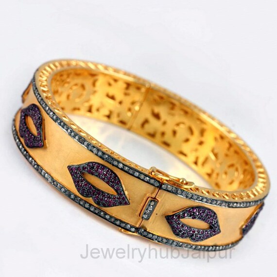 Solid 925 Sterling Silver Bangles Gold Plated Lips Bangles | Etsy