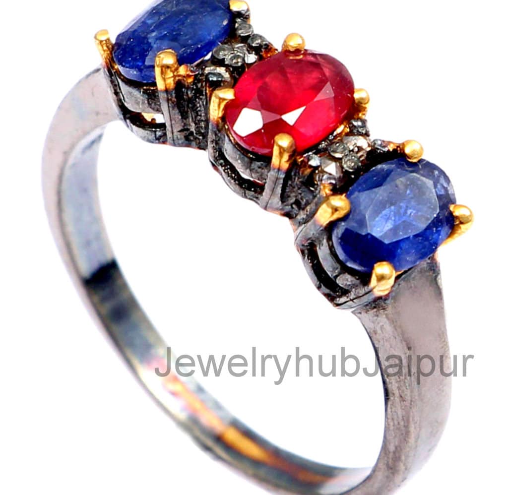 Sapphire and Ruby Ring Three Stone Ring Engagement Ring - Etsy