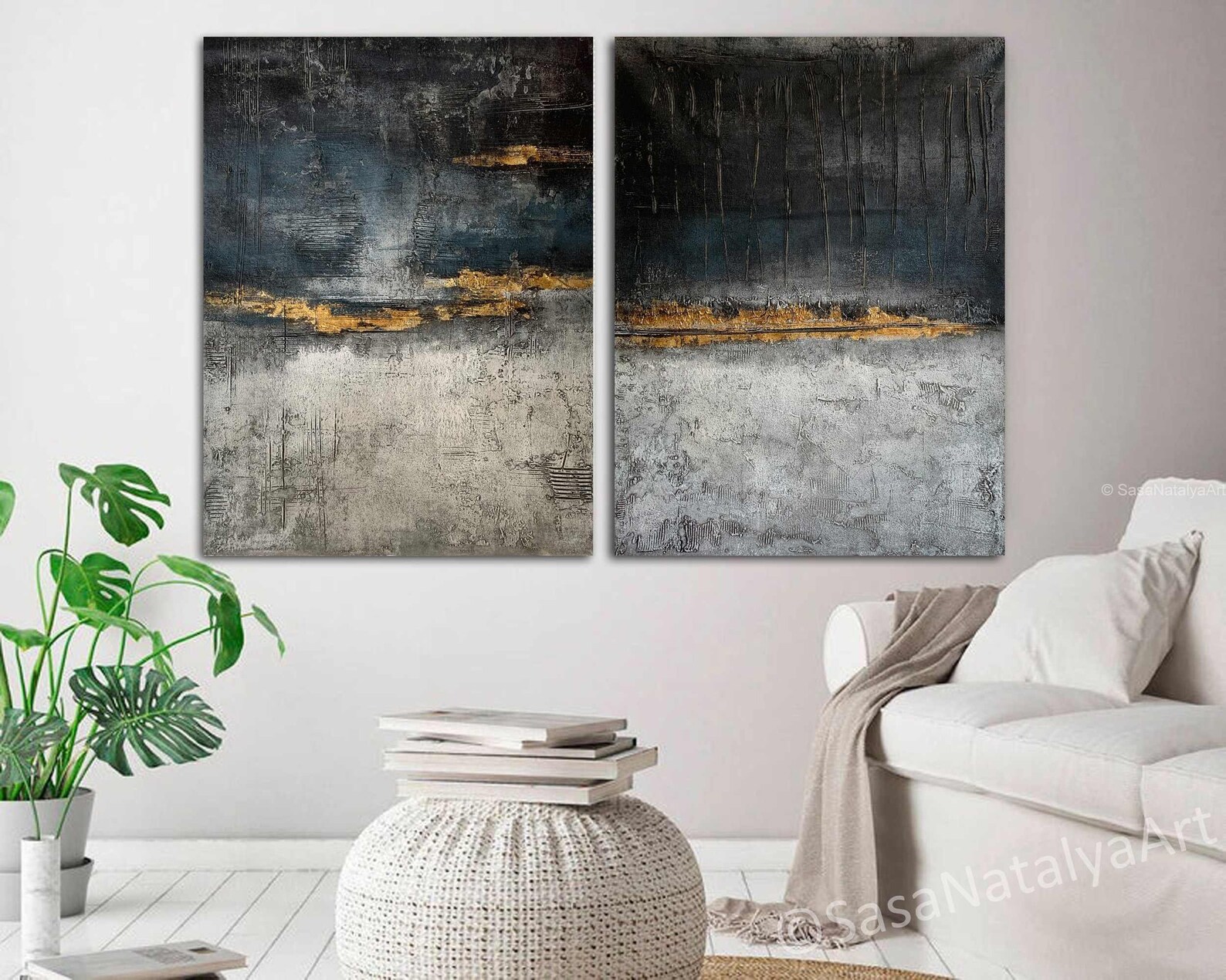 Black Abstract Painting Black Textured Art Set of 2 Black Wall - Etsy