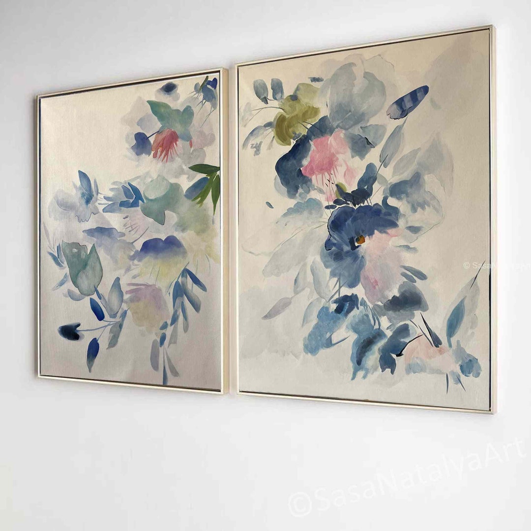 Set of 2 Large Green Leaf Oil Paintings, Abstract Boho Tree Art, Living ...