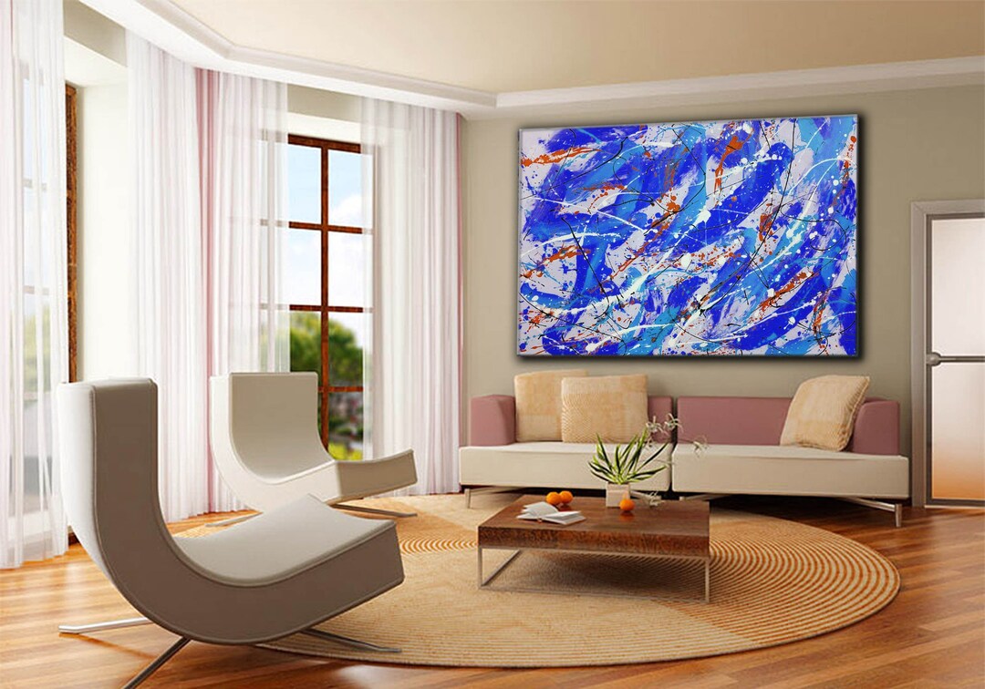 Lebendige blaue und weiße expressionistische Malerei, große abstrakte Kunst auf Leinwand, Blau ...