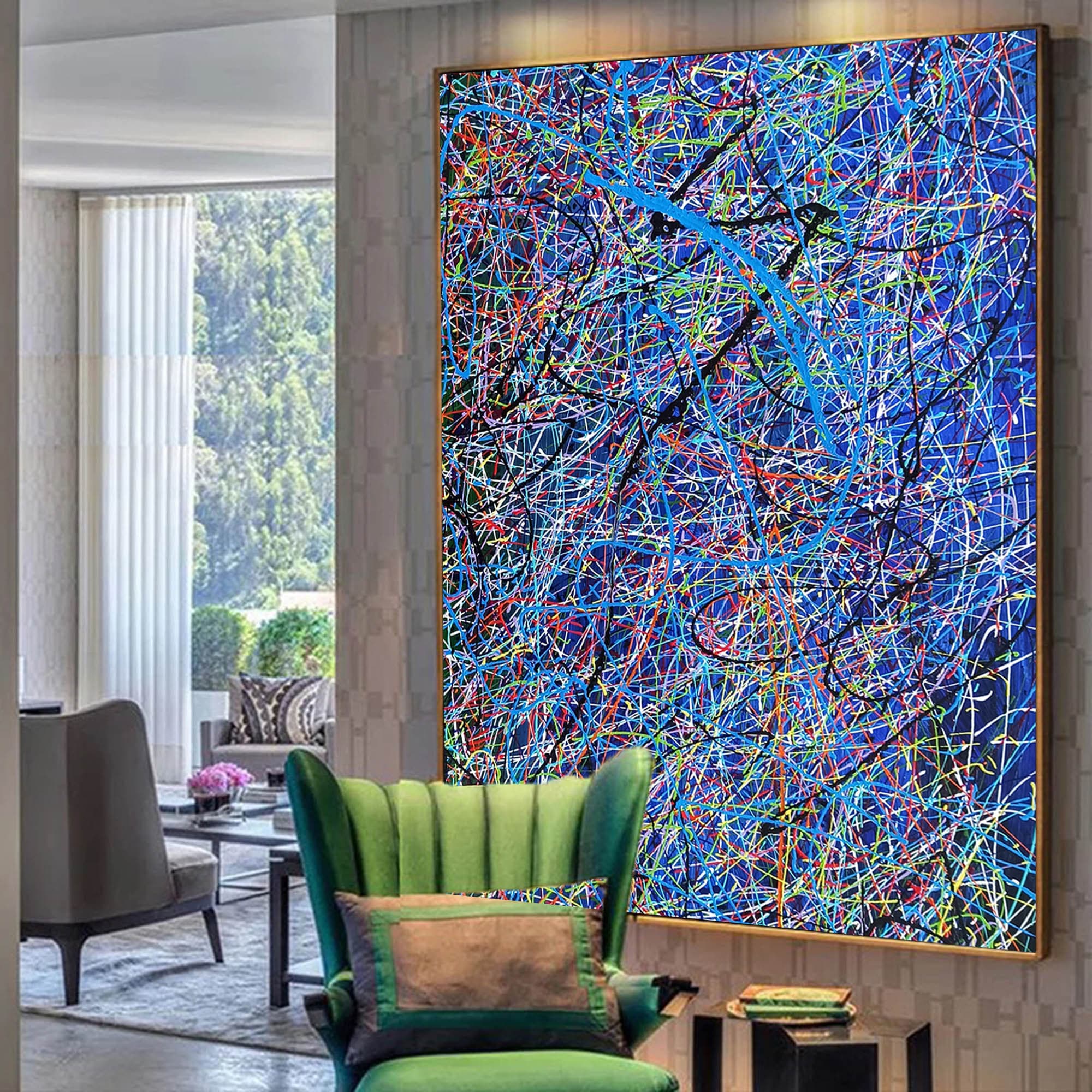 Pollock Style Painting Modern Oversized Wall Art Blue | Etsy