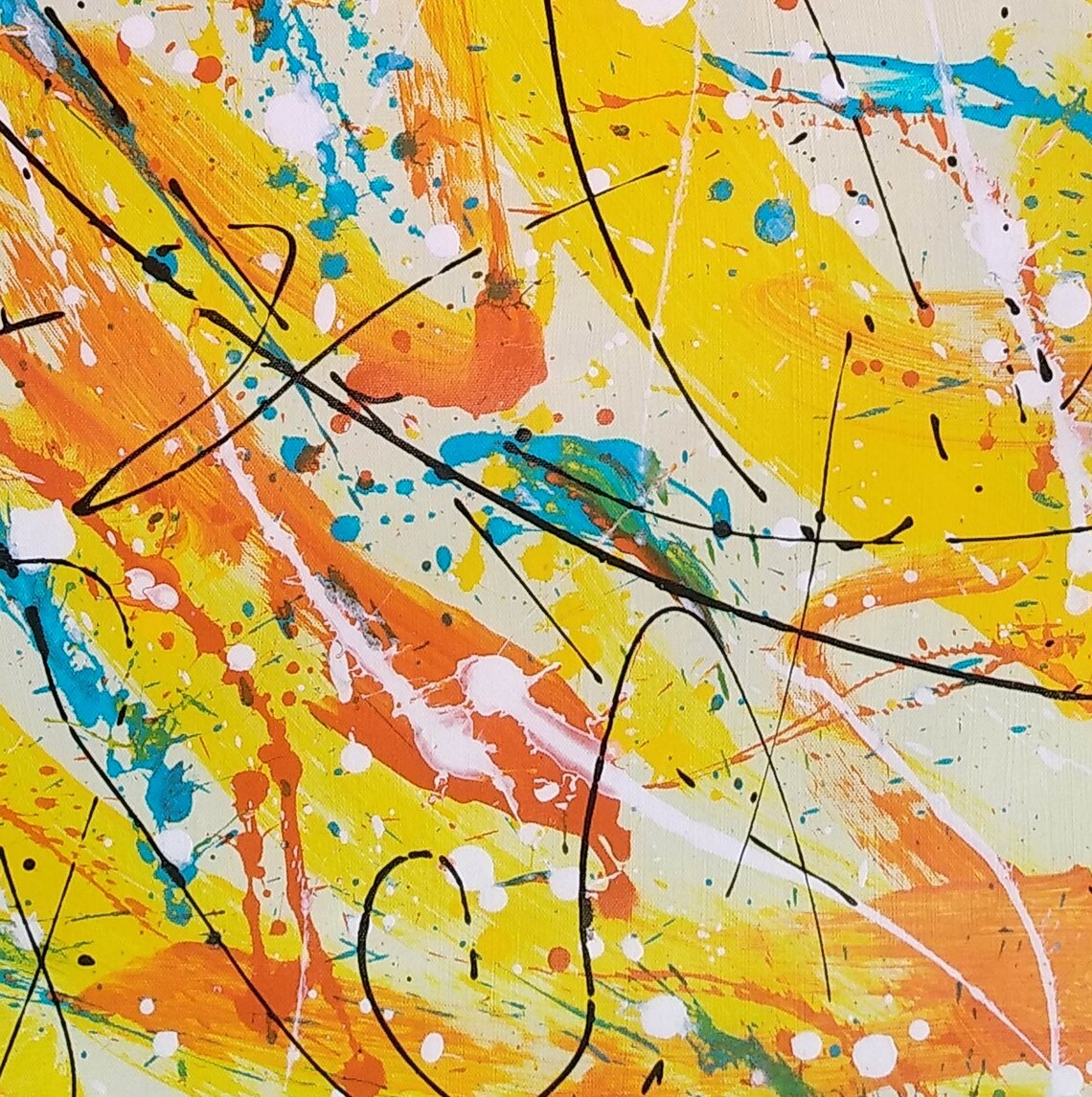Yellow Jackson Pollock Drip Style Painting, Modern Wall Art - Textured ...