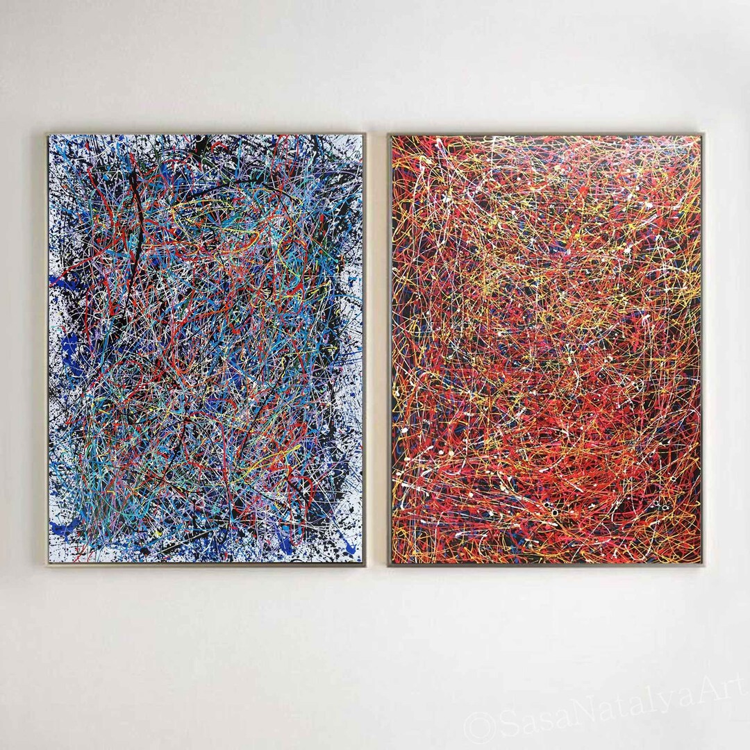 Large Set of 2 Painting, Jackson Pollock Style Painting, Set for Living ...
