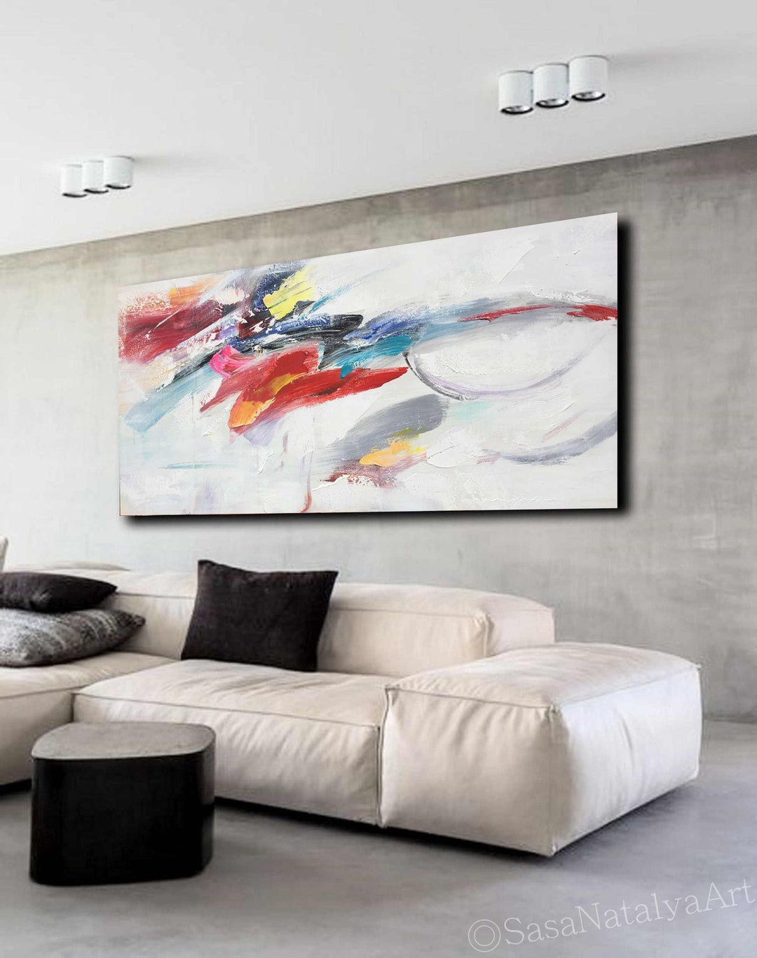 Long Horizontal Abstract Oil Painting on Canvas, Textured Modern Boho ...