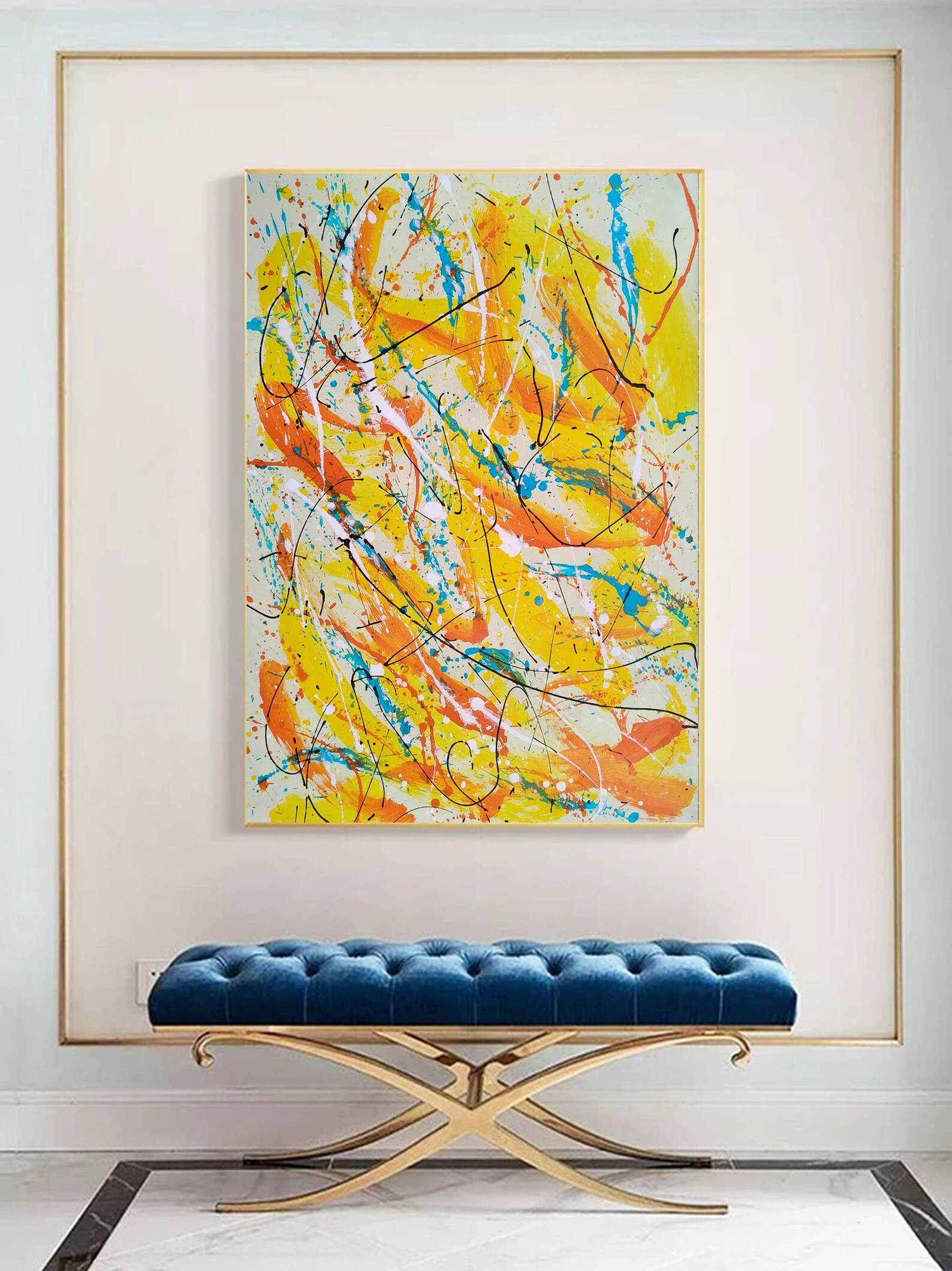 Yellow Jackson Pollock Drip Style Painting, Modern Wall Art - Textured ...