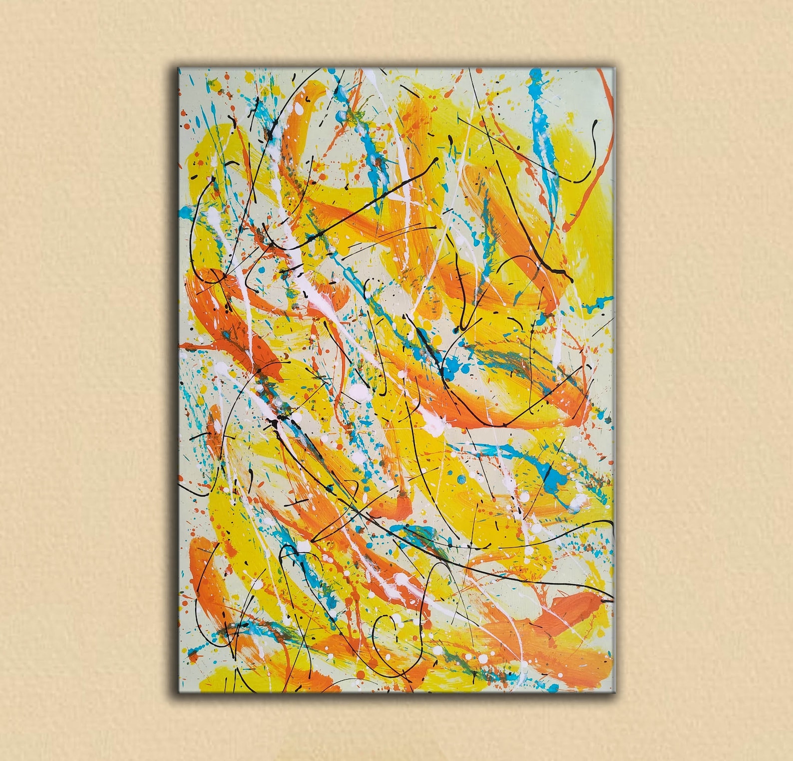 Yellow Jackson Pollock Drip Style Painting, Modern Wall Art - Textured ...
