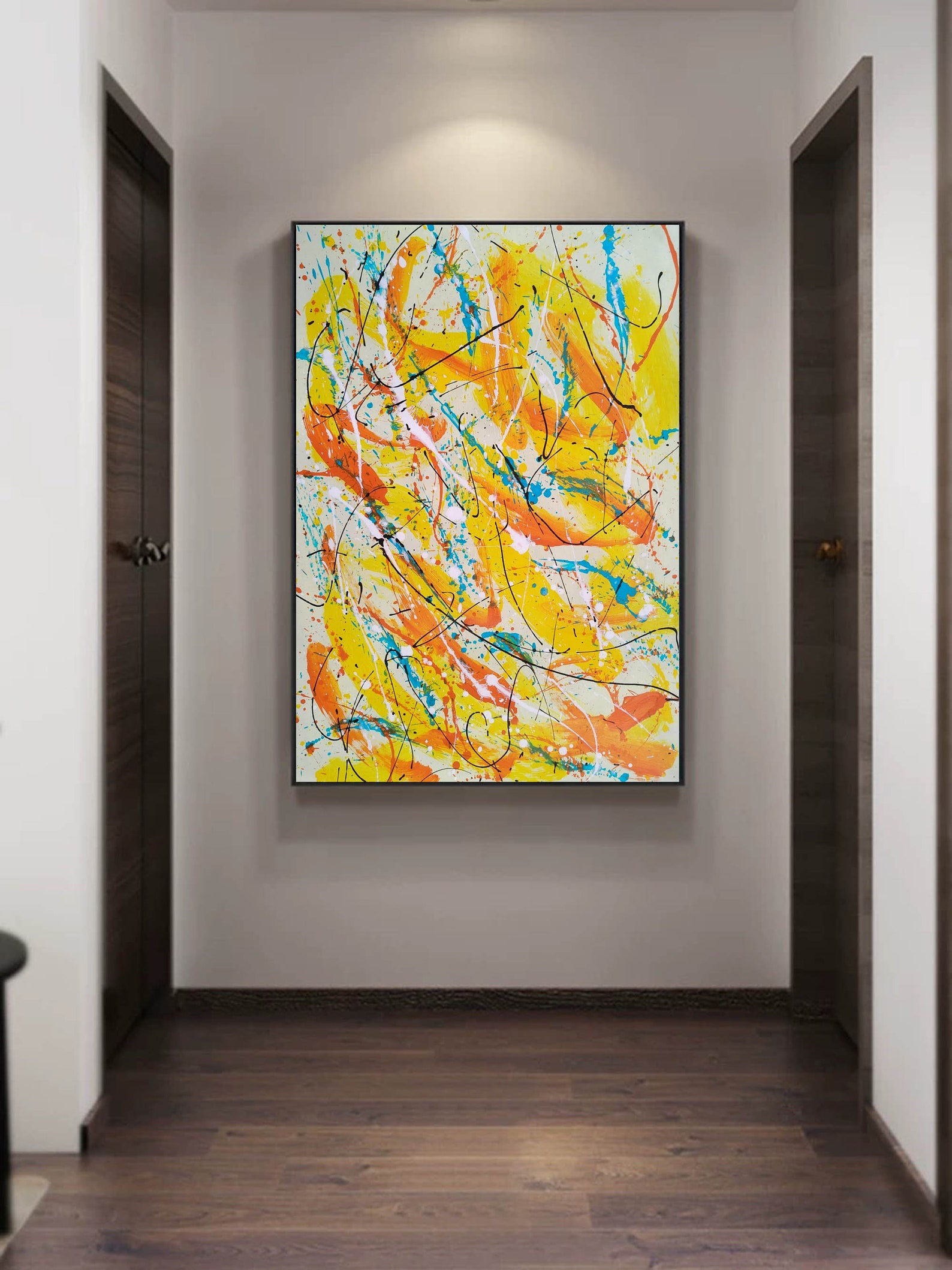 Yellow Jackson Pollock Drip Style Painting, Modern Wall Art - Textured ...