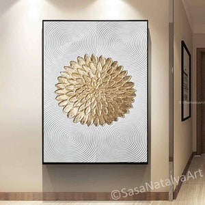 Neutral Wall Decor, Gold and White Painting, Textured Art Gold Leaf ...