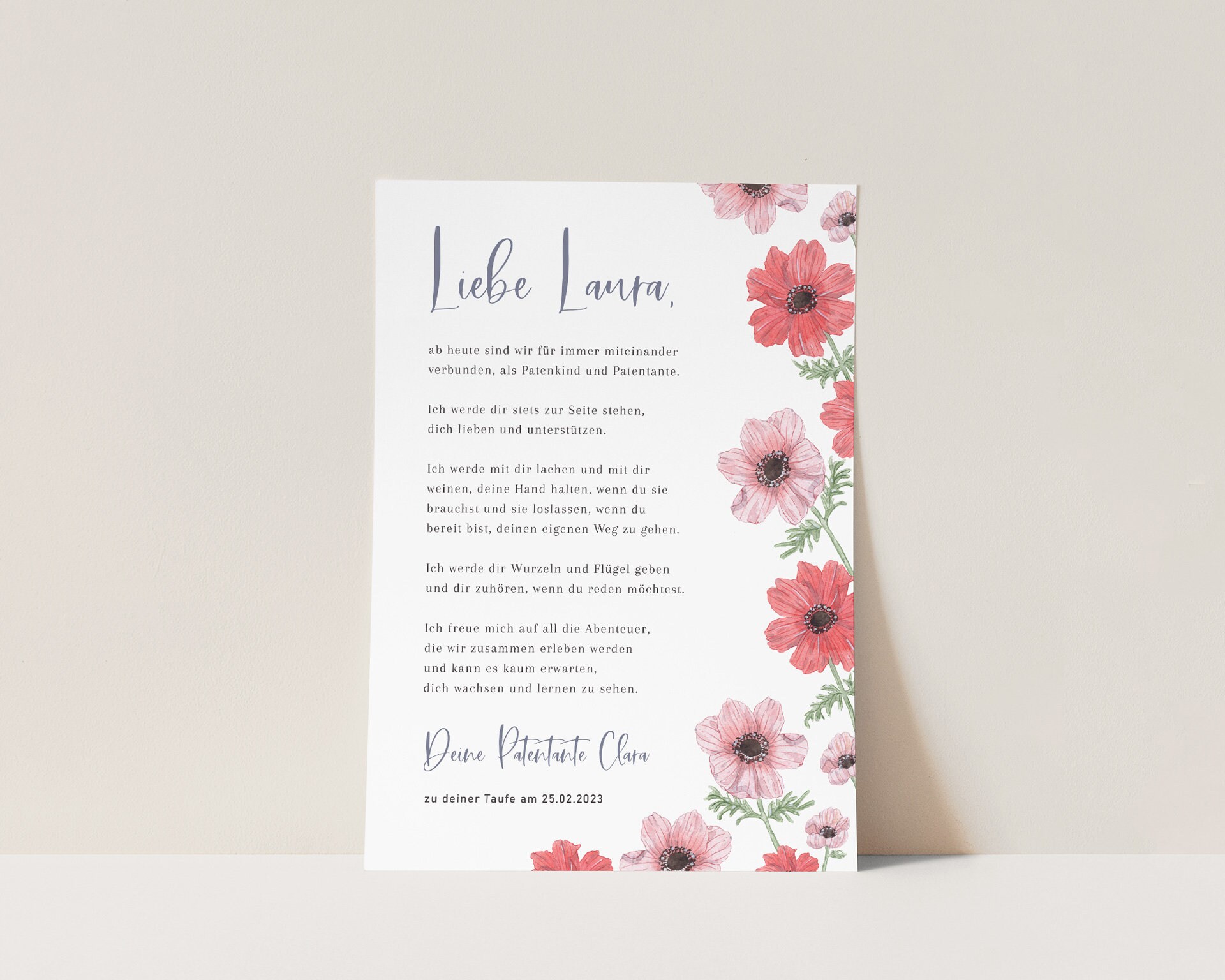 Letter to Godchild for Baptism / Baptism Letter Anemones / Baptism Gift ...